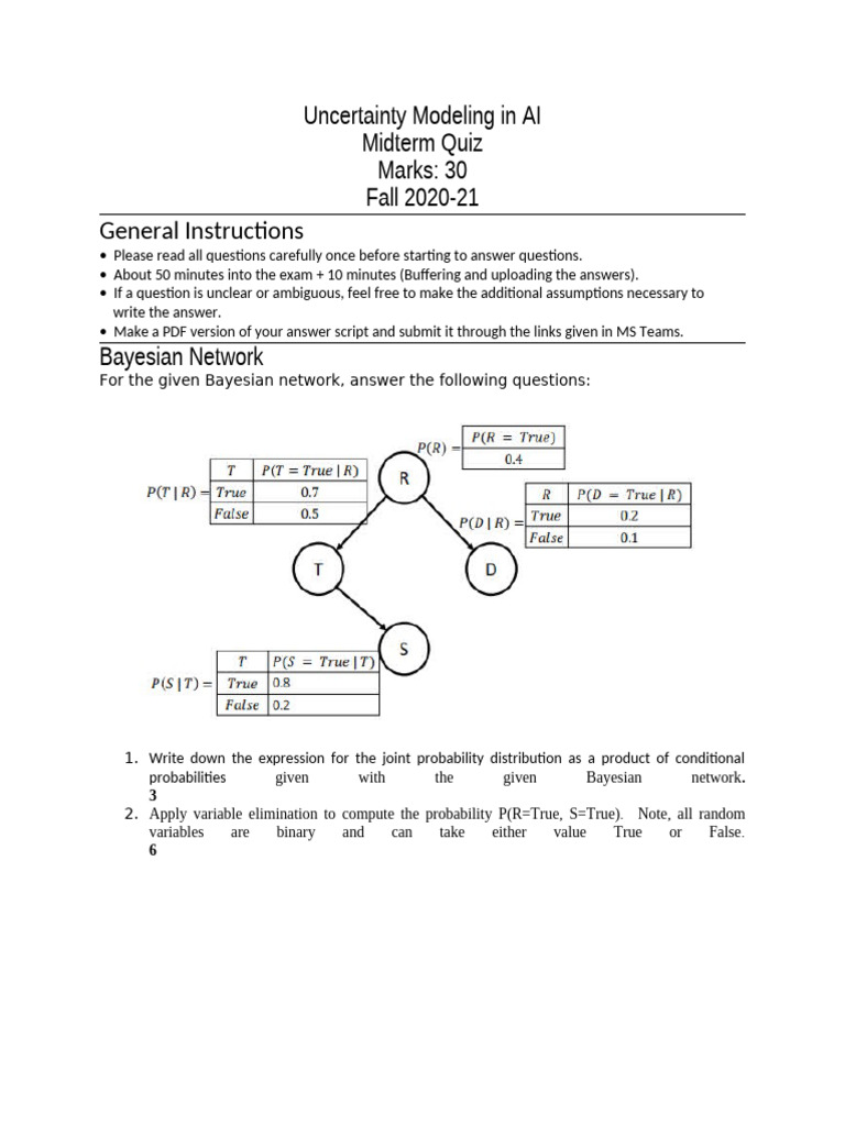 Uncertainty Modeling in AI Quiz | PDF | Bayesian Network | Artificial ...