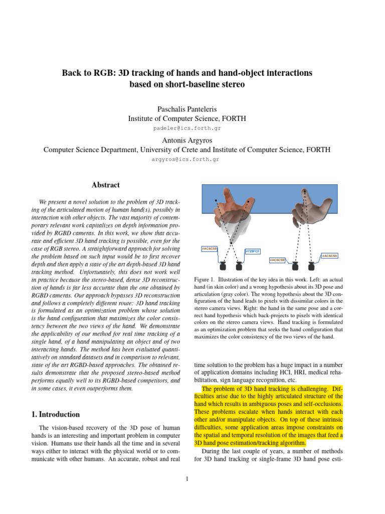 Back To RGB - 3D Tracking of Hands and Hand-Object Interactions Based On Short-Baseline Stereo ...