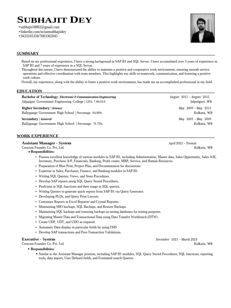 Subhajit Dey Resume | PDF | Microsoft Sql Server | Sql