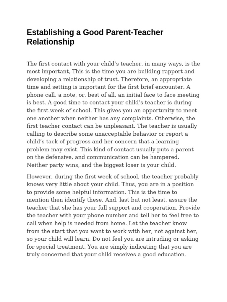 Establishing A Good Parent Teacher Relationship | PDF | Teachers ...