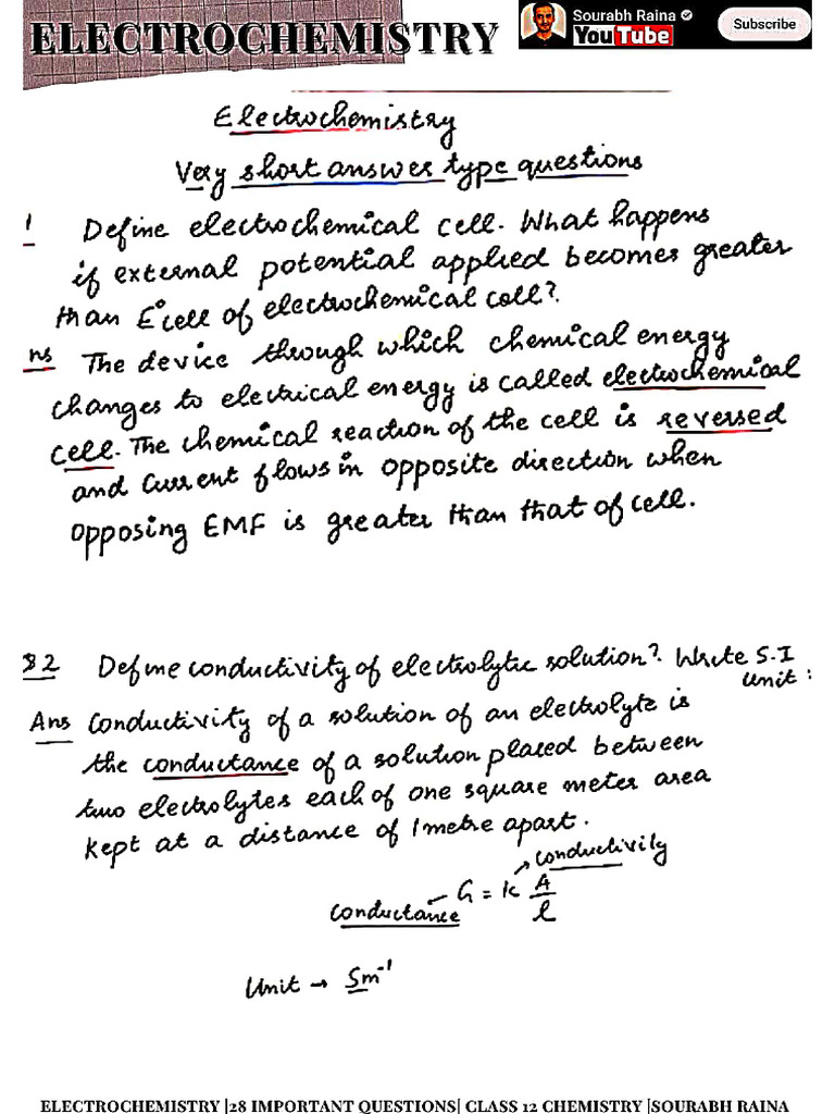 Electrochemistry Important Questions - 241210 - 142509 | PDF
