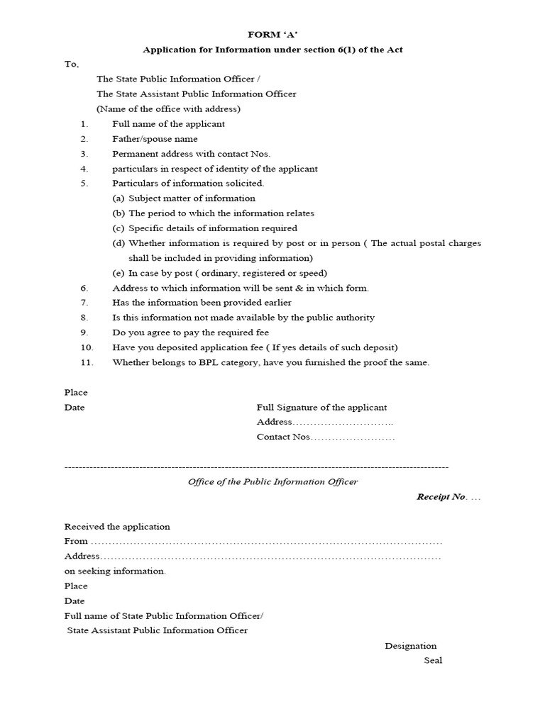 Form A' Application For Information Under Section 6 (1) of The Act | PDF