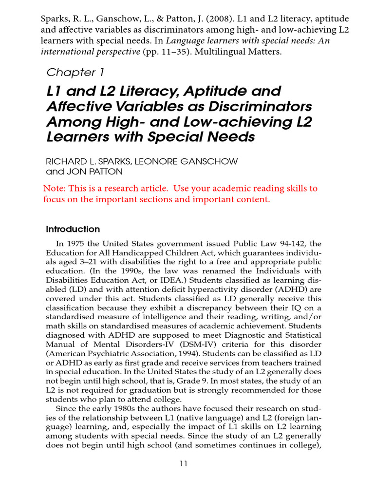 L1 and L2 Literacy in Special Needs Learners | PDF | Second Language ...
