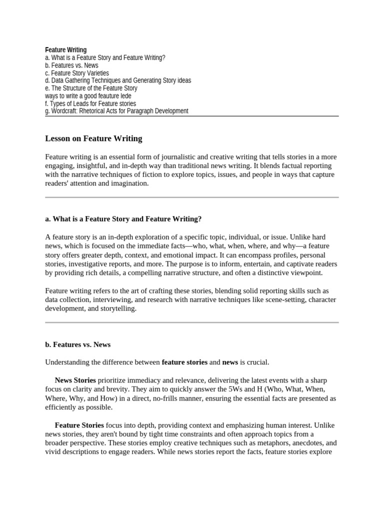 Feature Writing | PDF | Narrative | Brainstorming