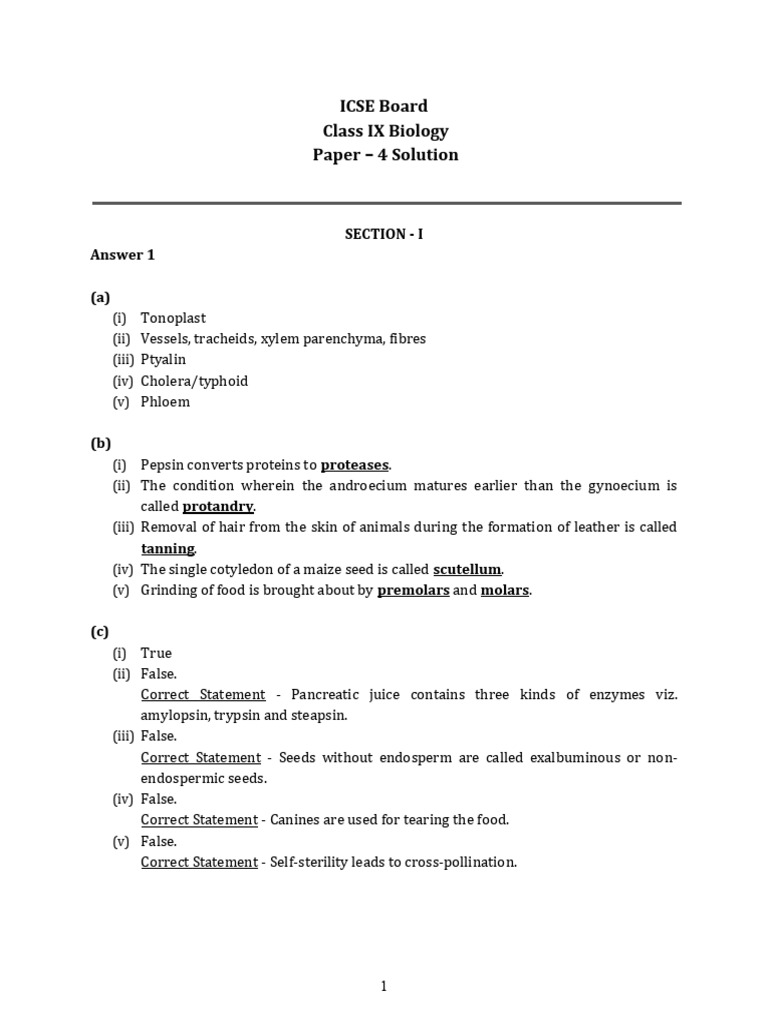 Biology 9 Icse Sample Paper 4 Solution | PDF | Digestion | Lung