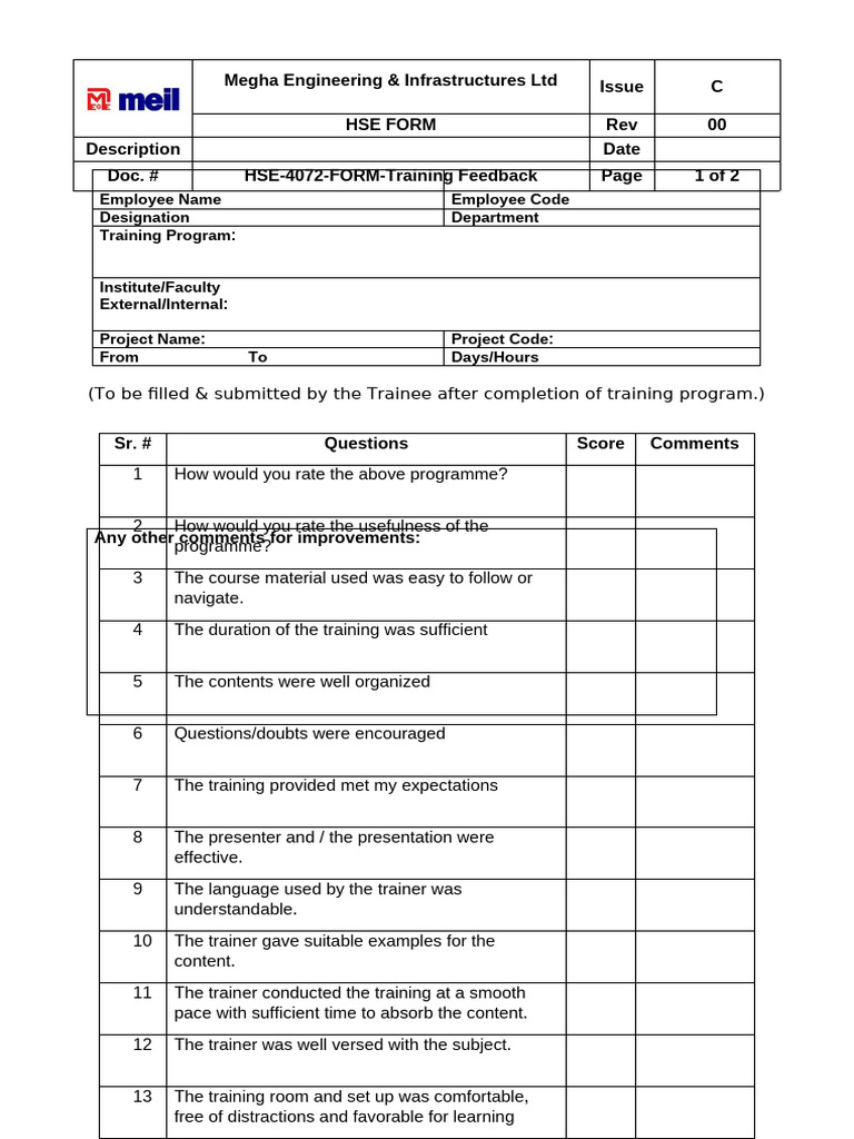 HSE 4072 FORM Training Feedback 00 | PDF