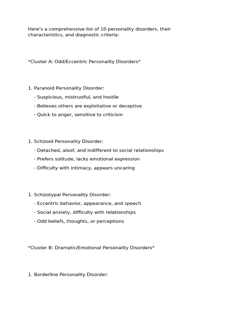 Overview of 10 Personality Disorders | PDF