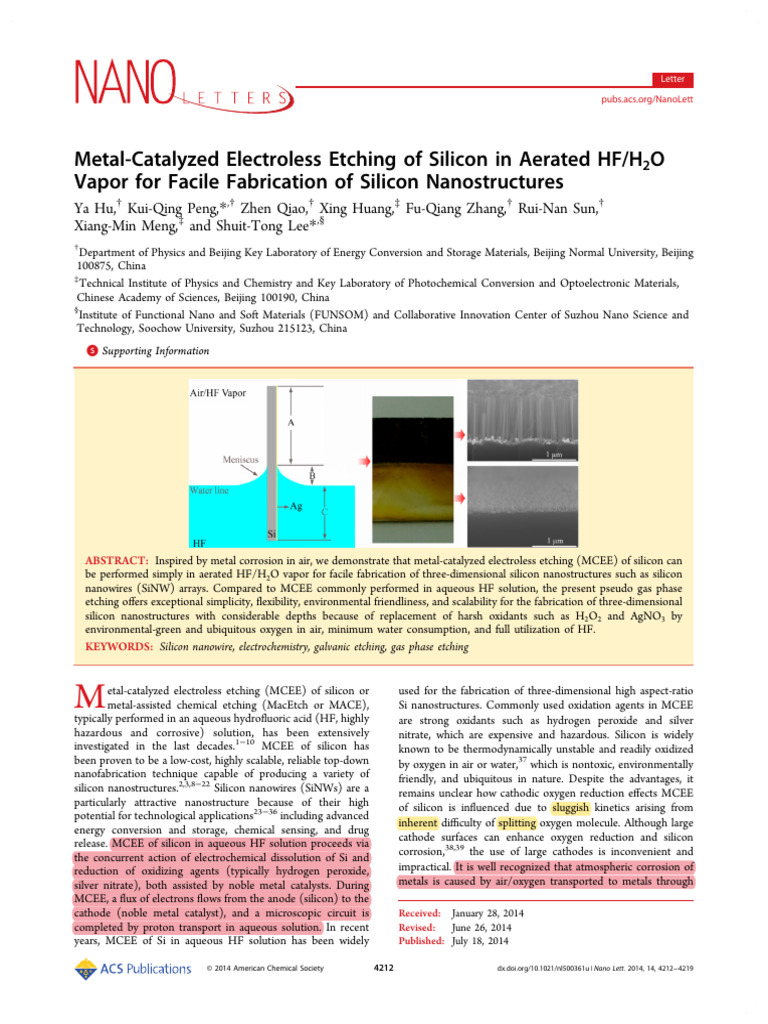 Metal-Catalyzed Etching of Silicon Nanostructures | PDF | Corrosion | Electrochemistry