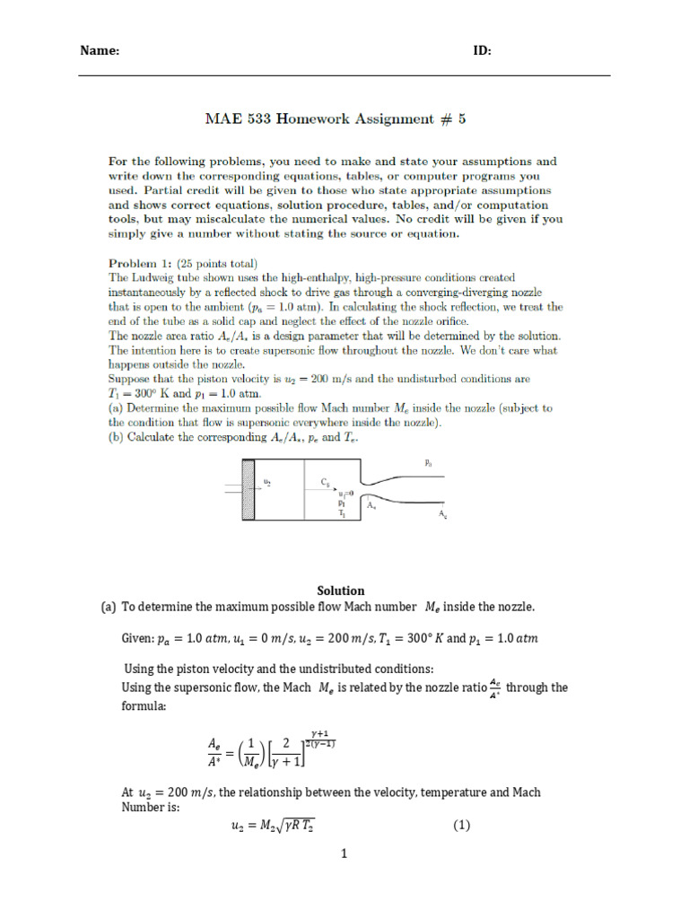 MAE 533 Homework #5 Assignment - Solution | PDF | Mach Number | Gases