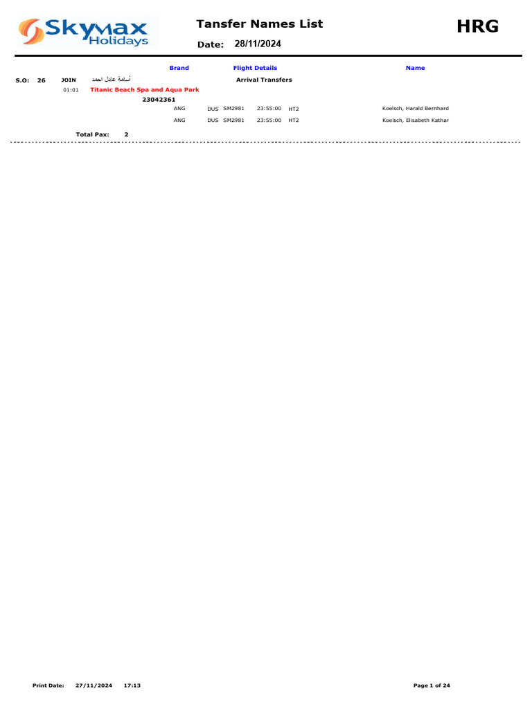 Sky Arr & Dep Names 28.11.2024 | PDF | Hospitality Industry