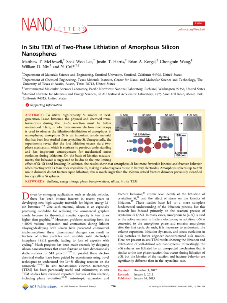 In Situ TEM of Two-Phase Lithiation of Amorphous Silicon Nanospheres | PDF | Transmission ...