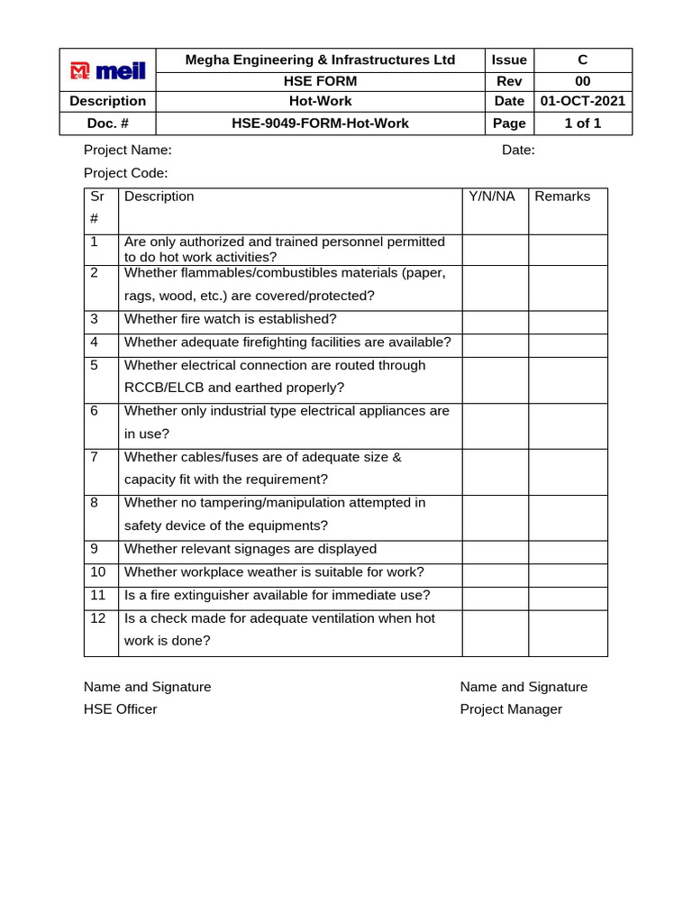 Hot Work Safety Checklist | PDF