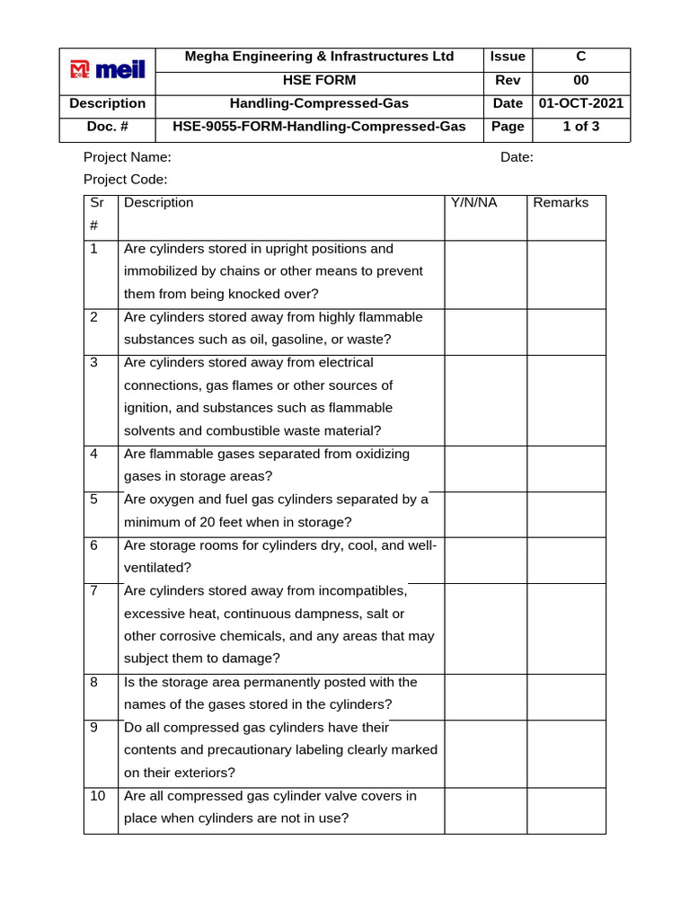 HSE 9055 FORM Handling Compressed Gas 00 | PDF | Valve | Leak