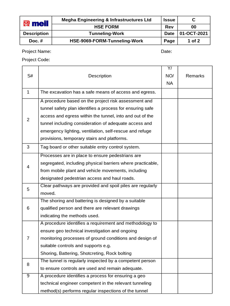 HSE 9069 FORM Tunneling Work 00 | PDF | Tunnel | Safety