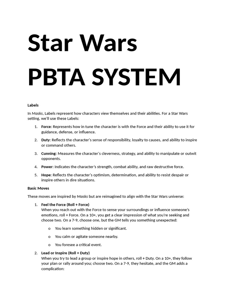 Star Wars PBTA SYSTEM Rules | PDF | Fear