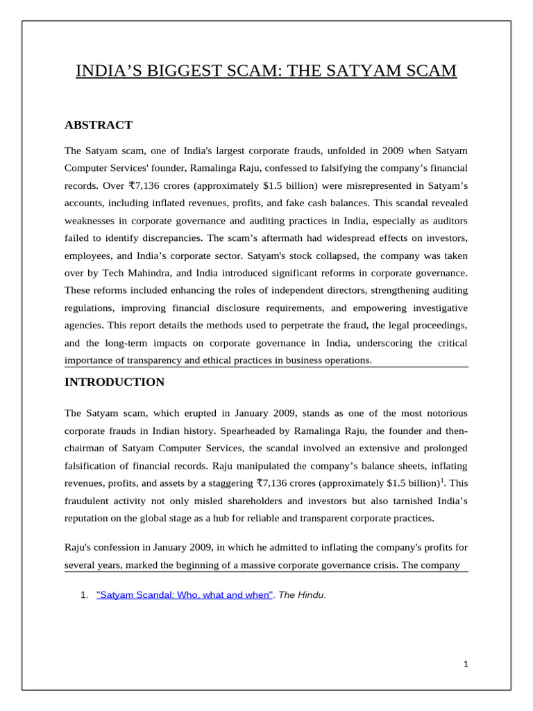 SATYAM SCAM | PDF | Corporate Governance | Audit