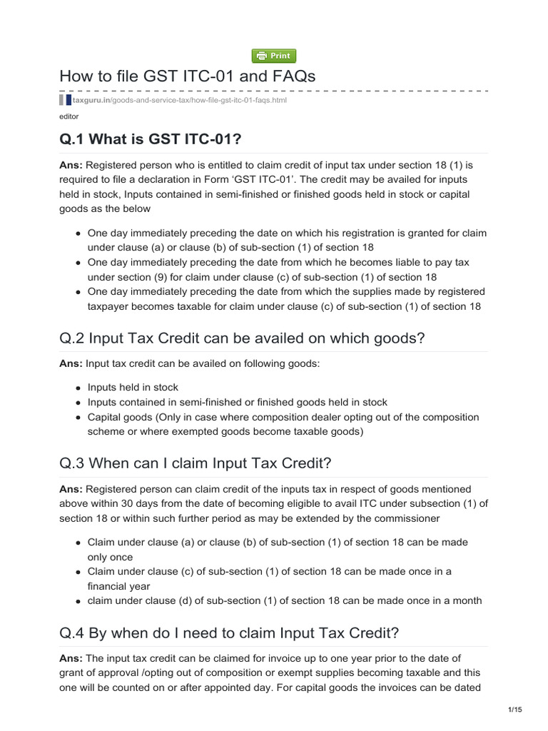 Taxguru - In-How To File GST ITC-01 and FAQs | PDF | Value Added Tax | Invoice