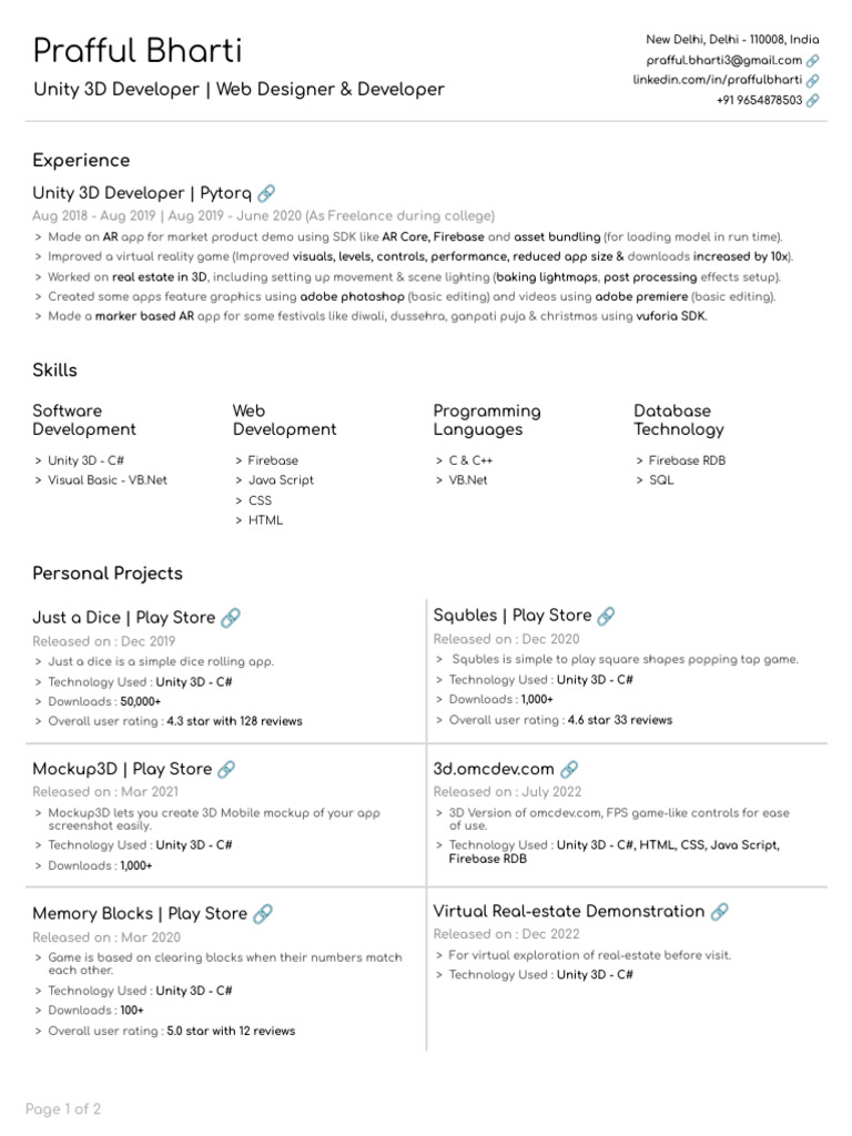 PraffulBharti_Resume_2.5 (3)-1 | PDF | Unity (Game Engine) | 3 D Computer Graphics