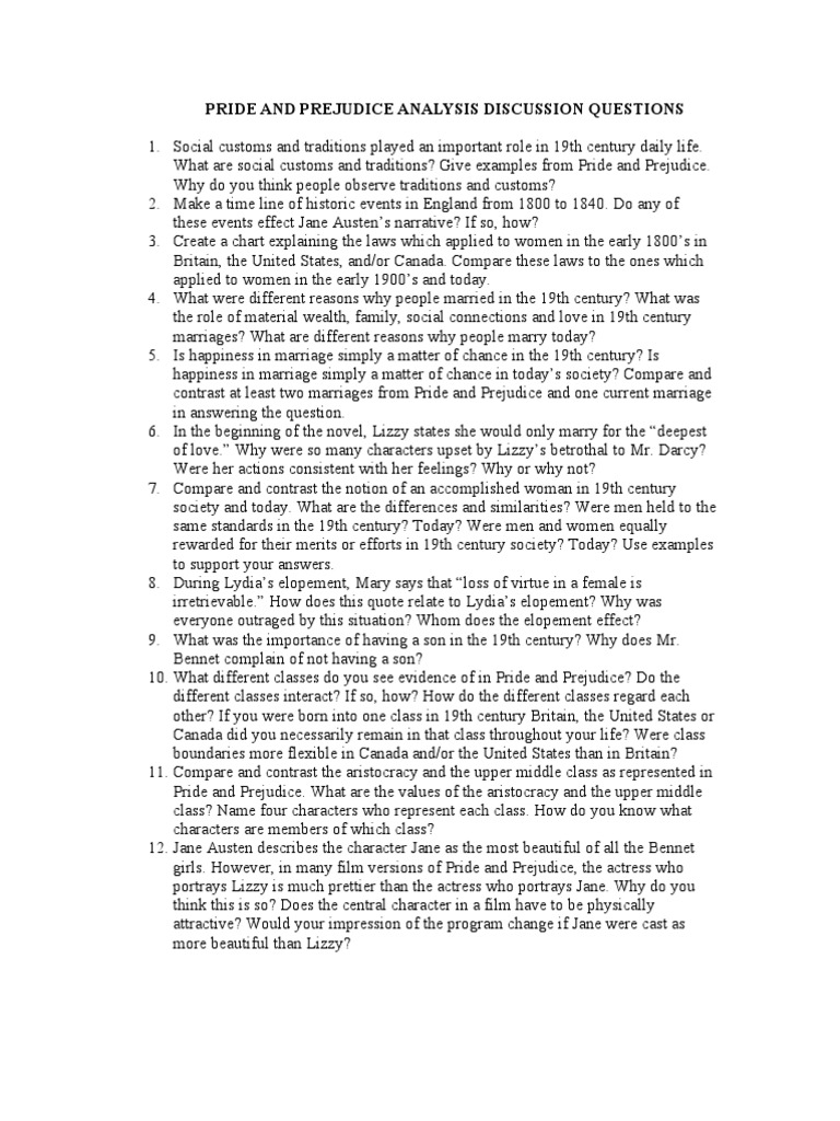 Pride and Prejudice Discussion Questions | PDF | Pride And Prejudice ...