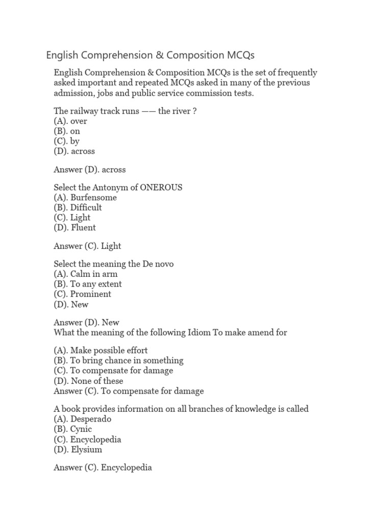 Comprehension and Composition MCQ's | PDF | Grammar | Lexical Semantics