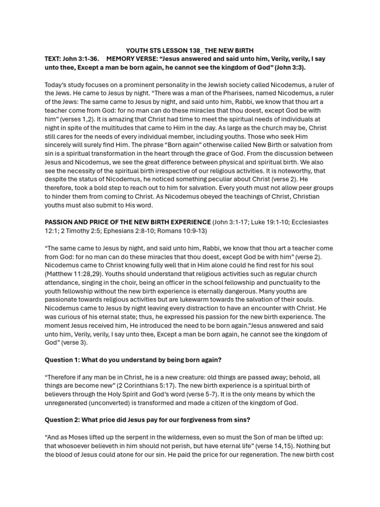 YOUTH STS LESSON 138_ THE NEW BIRTH | PDF | Born Again | Jesus