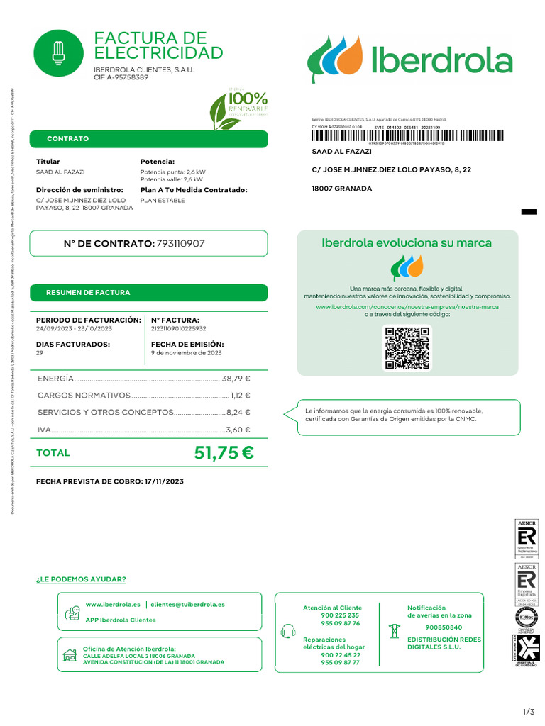 Factura Iberdrola Luz | PDF | Energía renovable | Naturaleza