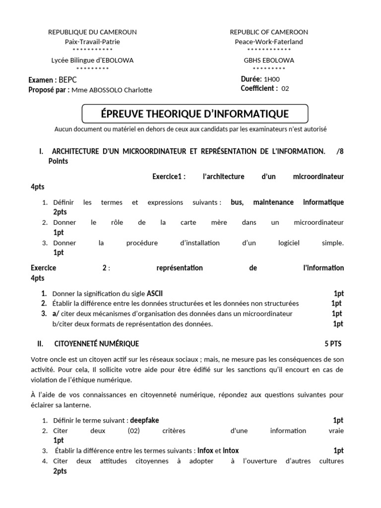 Épreuves BEPC 2025 Informatique Cameroun | PDF | Informatique | Logiciel