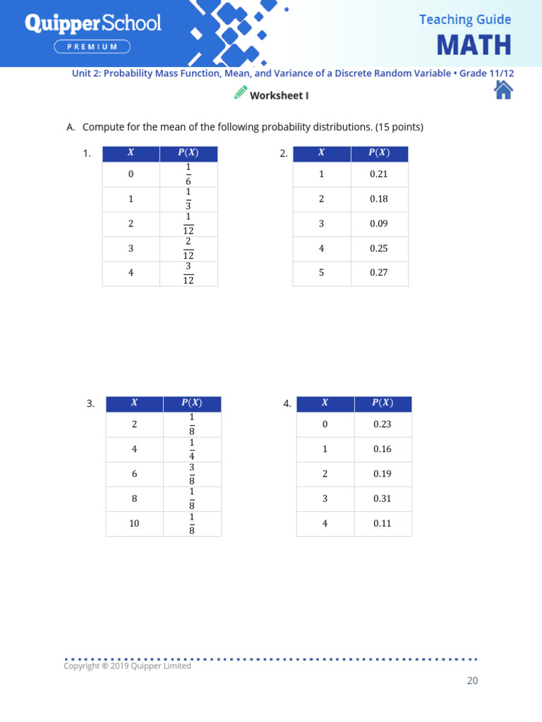 worksheet-mean-variance-of-discrete-random-variable | PDF | Probability Distribution | Expected ...