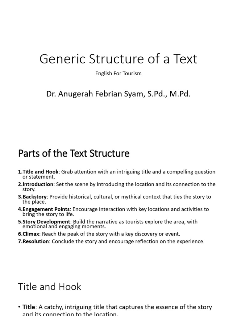 Generic Structure of A Text (English For Tourism) | PDF