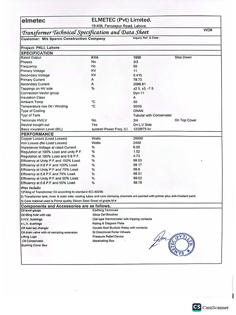 Technical Data and GA Drawing 1500KVA Transformer | PDF