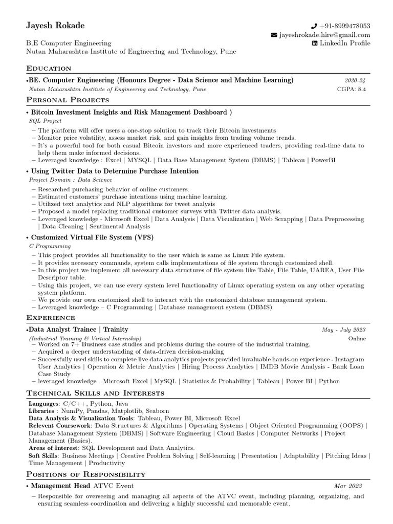 Jayesh Rokade Resume | PDF | Databases | Analytics