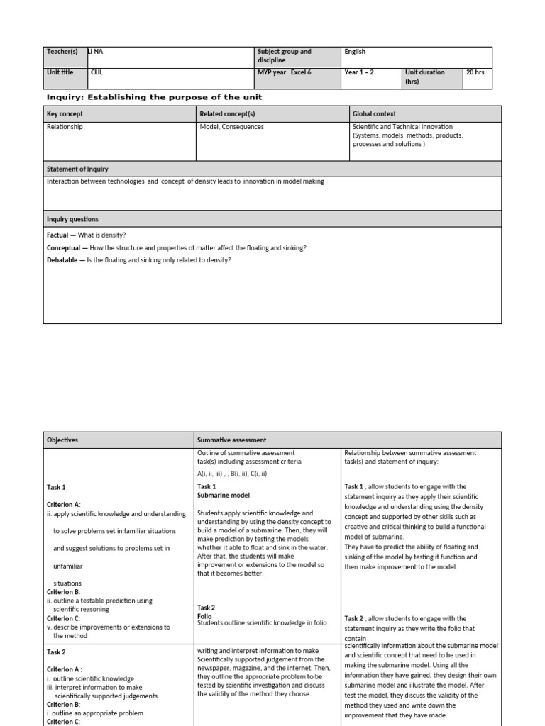 MYP CLIL 6 | PDF | Conceptual Model | Educational Assessment