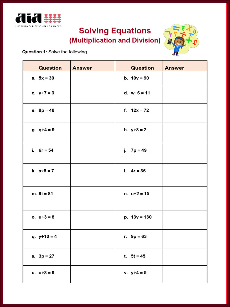 Math - Sheets - Solve Equation (Multiplication and Division) | PDF