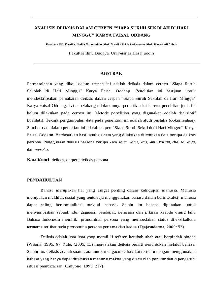 Analisis Deiksis Cerpen Siapa Suruh Sekolah di Hari Minggu | PDF Analisis Deiksis Cerpen Siapa Suruh Sekolah di Hari Minggu | PDF