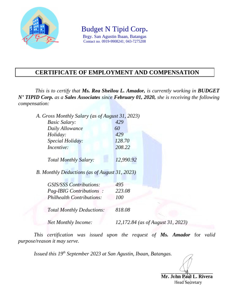 COE Compensation-Rea Amador | PDF