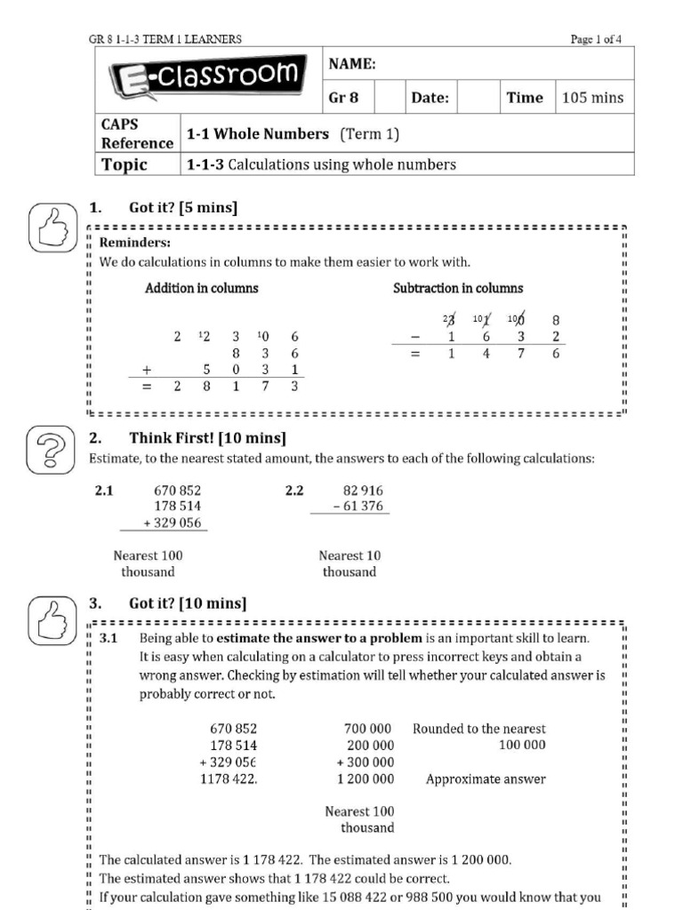 1-1-3 Calculcations Using Whole Numbers (Worksheets) | PDF