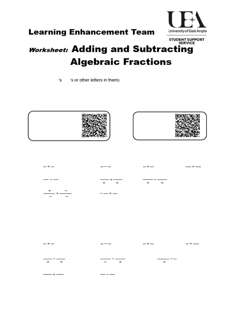 Steps Into Algebra Adding and Subtracting Algebraic Fractions Worksheet ...
