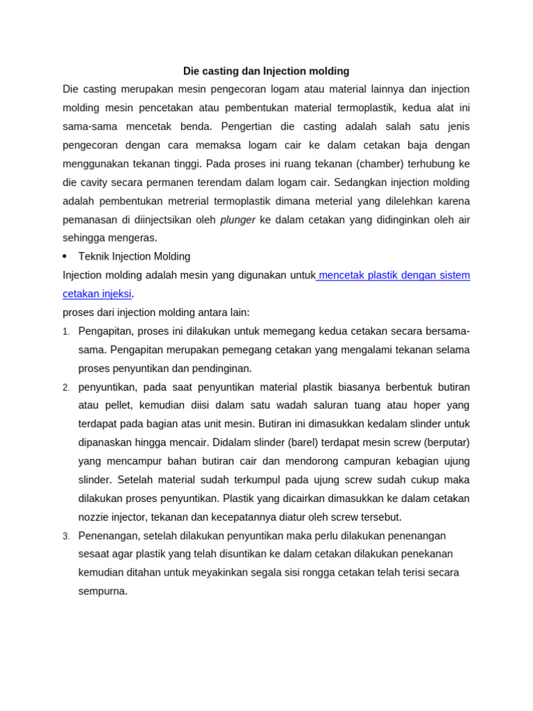 Proses Die Casting dan Injection Molding | PDF