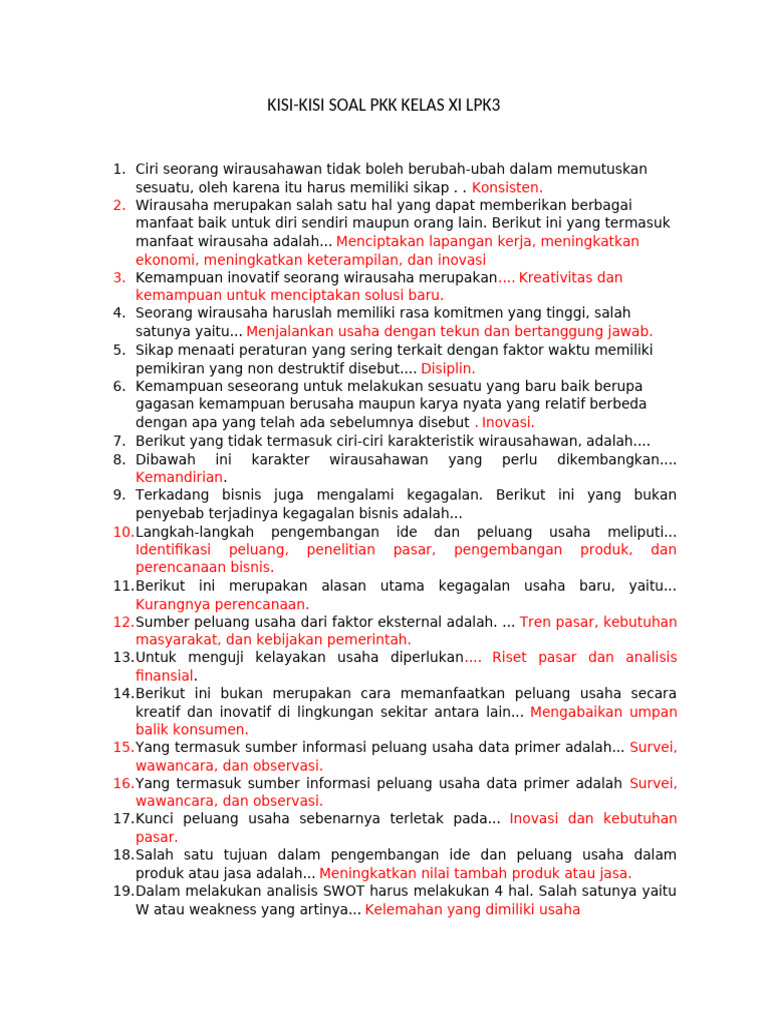 jawaban KISI-KISI SOAL PKK KELAS XI | PDF
