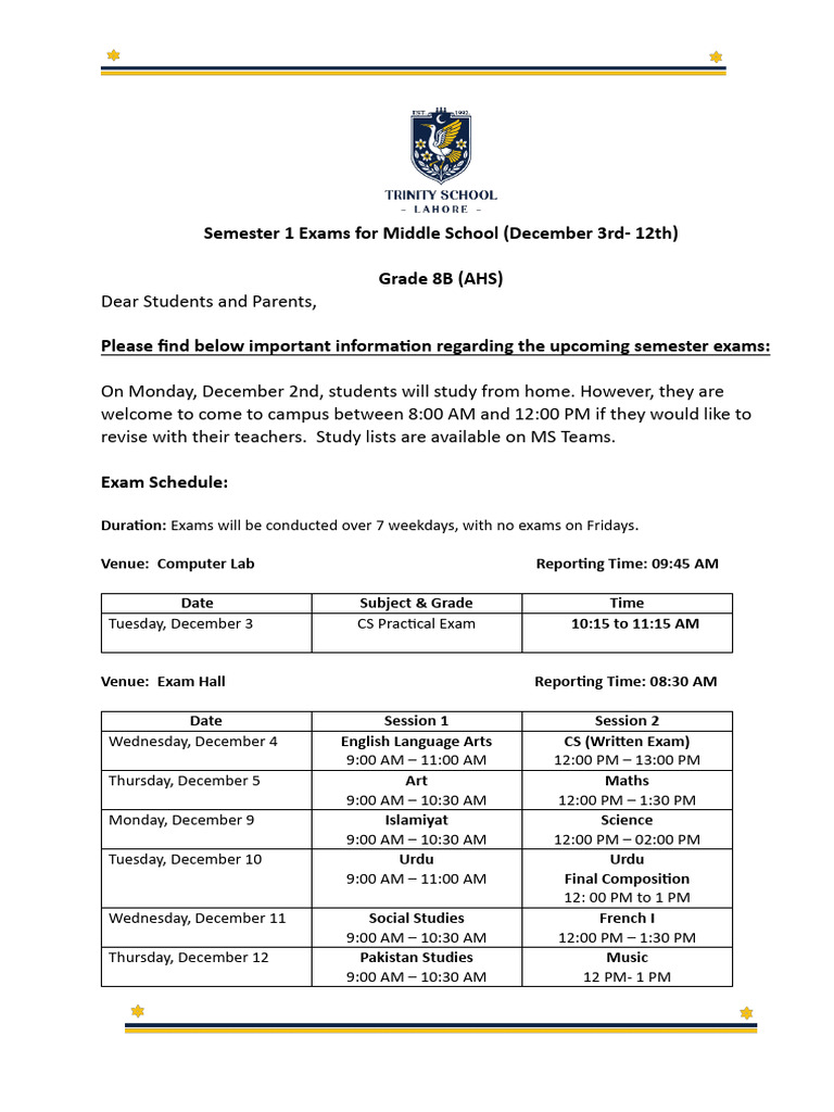 Semester 1 Exams Grade 8B | PDF | Academic Term