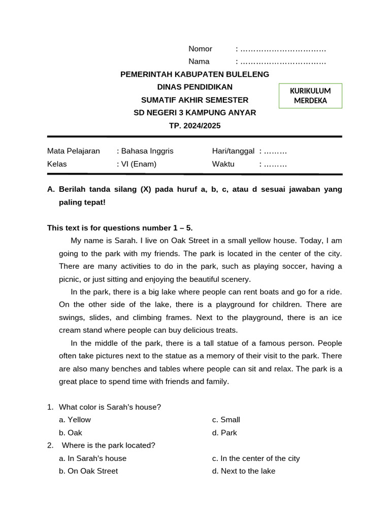 Soal Asas Ganjil Bahasa Inggris Kelas 6 | PDF