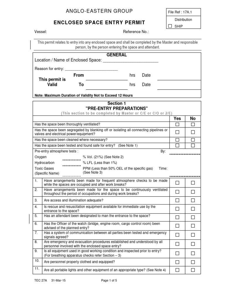 TEC-27A Enclosed Space Entry Permit - 31.03.15 | PDF | Phases Of Matter | Manufactured Goods