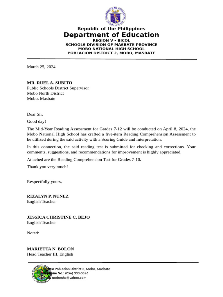 Letter_Reading Comprehension Test | PDF