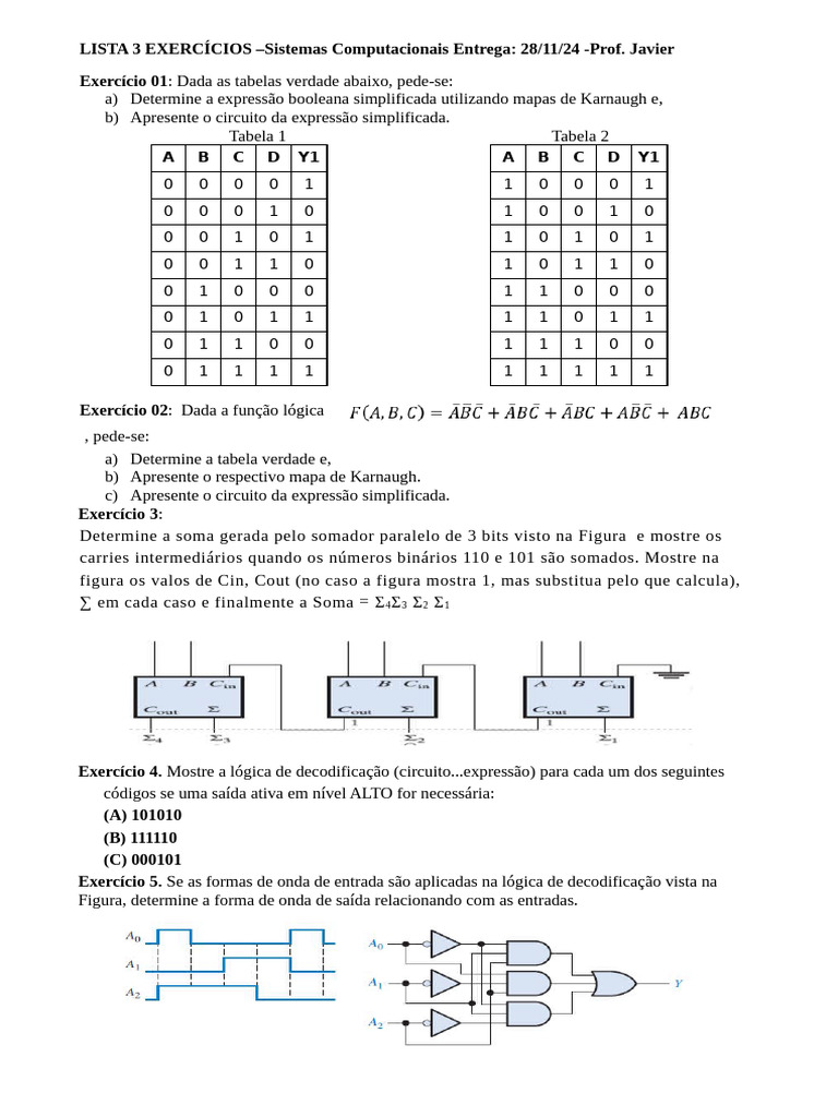 Lista 3 de Exercicios Lógica Combinacional | PDF