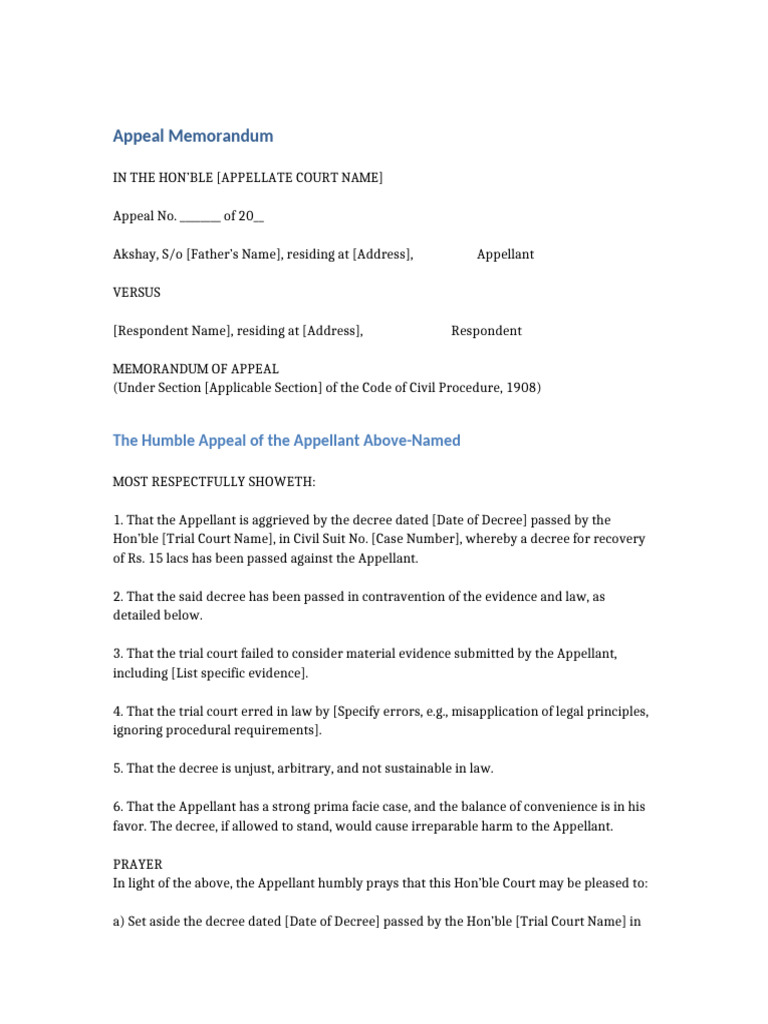 Appeal Memorandum for Civil Suit Decree | PDF | Affidavit | Appeal
