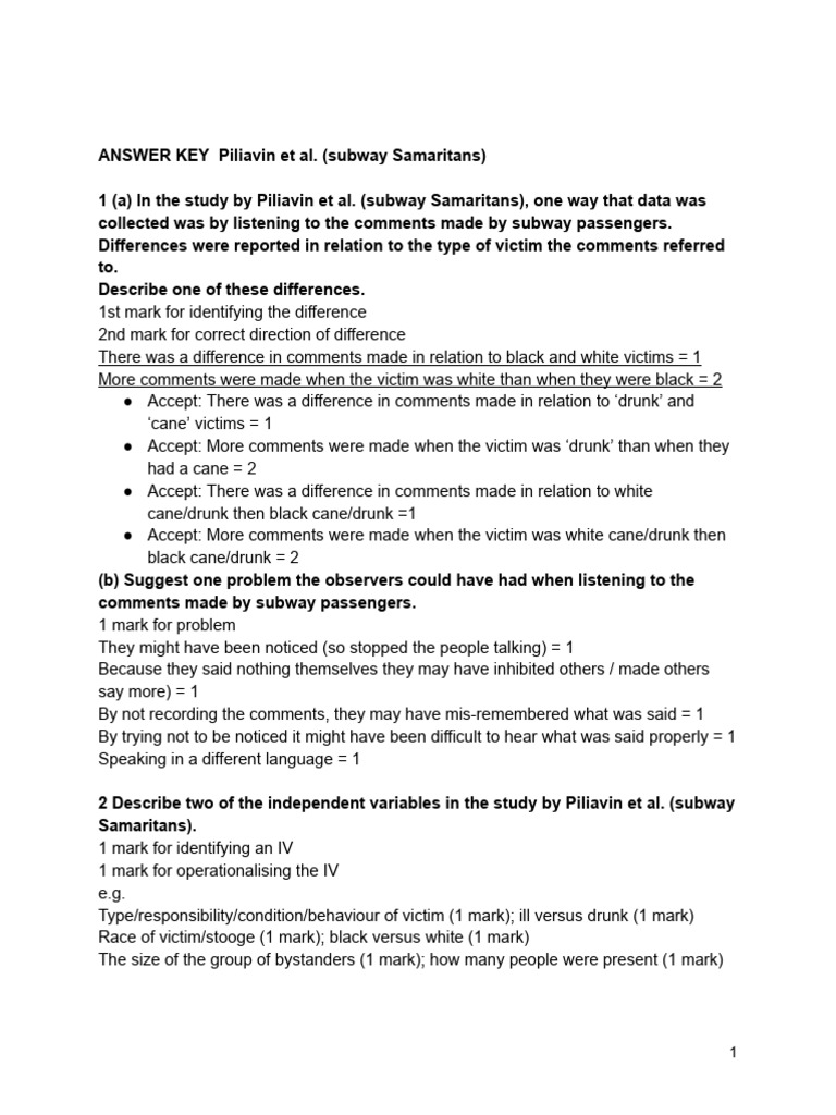 ANSWER KEY Piliavin Et Al. (Subway Samaritans) | PDF | Deception ...