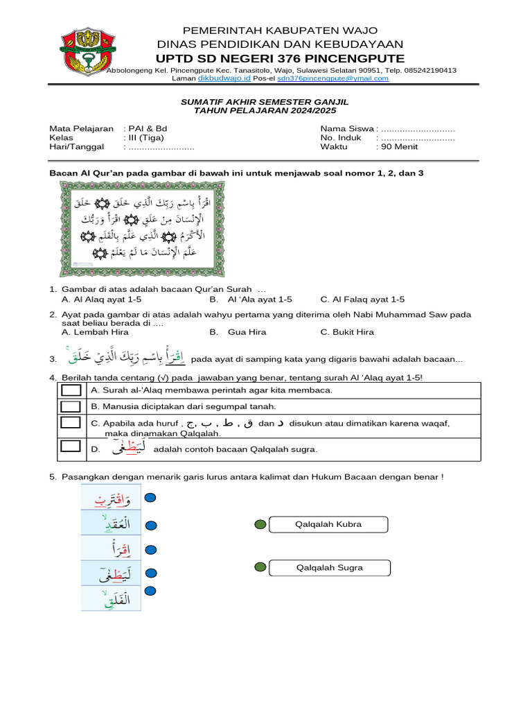 SOAL SAS LITERASI PAI KLS 3 Sms I | PDF