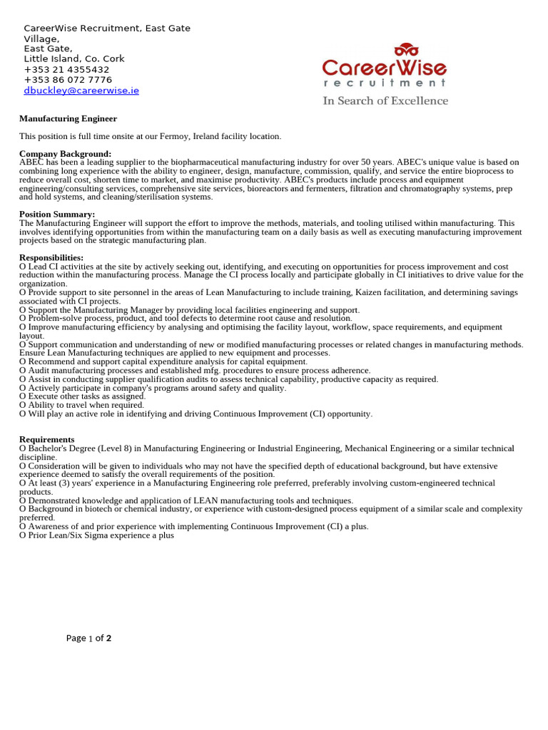 ABEC Fermoy - Manufacturing Engineer | PDF | Engineering | Lean ...