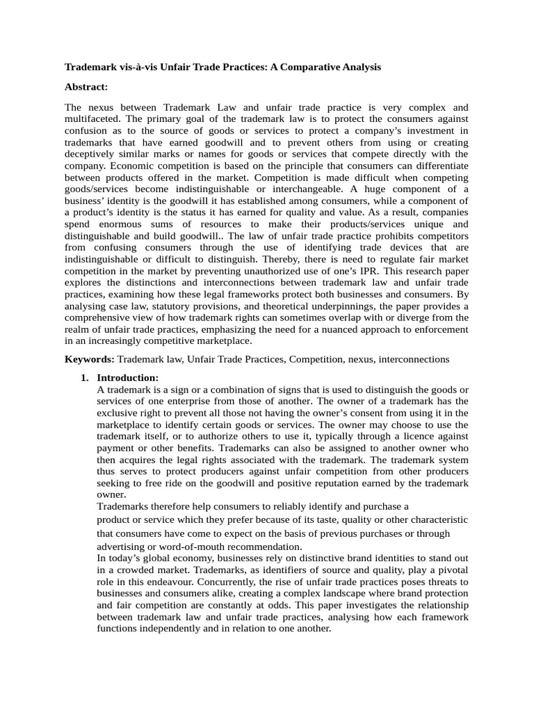 Trademark Vis-À-Vis Unfair Trade Practices A Comparative Analysis | PDF ...