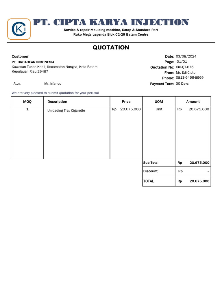 Quotation Pembanding - Cigarette Tray Unloader (PT. Cipta Karya ...